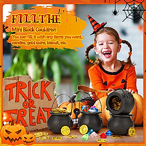 64 Pcs Halloween Mini Witch Cauldron Set Kettles 4 Pack Small Plastic Black Candy Cauldron Kettles with 60 Pieces Gold Coins Candy Holder Pot with Handle for Wizard Party Birthday Pirate Party