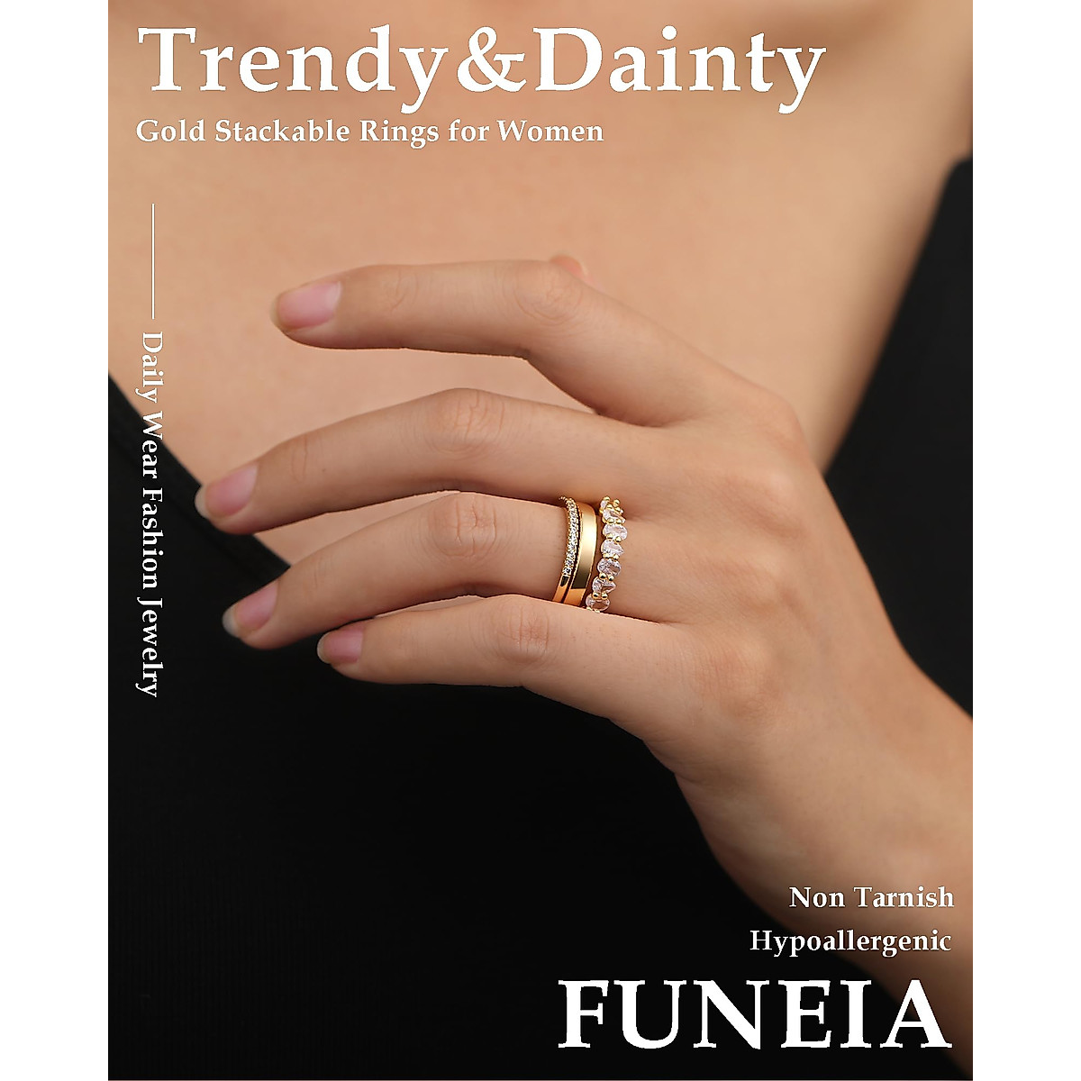 FUNEIA Stackable Gold Rings for Women Non Tarnish Trendy Dainty 14K Gold Plated Stacking Cubic Zirconia Thumb Ring Set Pack Statement Chunky Band Rings Promise Engagement Rings Size 7 8 9 10 11