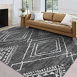 ReaLife Machine Washable Area Rug - Living Room Bedroom Bathroom Kitchen Entryway Office - Non Slip Low Pile Stain Resistant Premium - Moroccan Diamond Tribal - Jax - Gray 7'6" x 9'6"