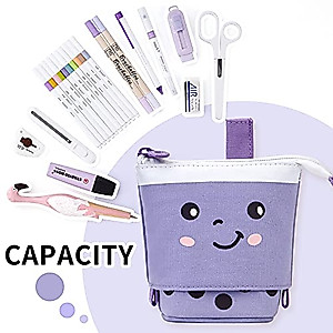 ANGOOBABY Standing Pencil Case Cute Telescopic Pen Holder Kawaii Stationery Pouch Makeup Cosmetics Bag for School Students Office Women Teens Girls Boys (Purple)