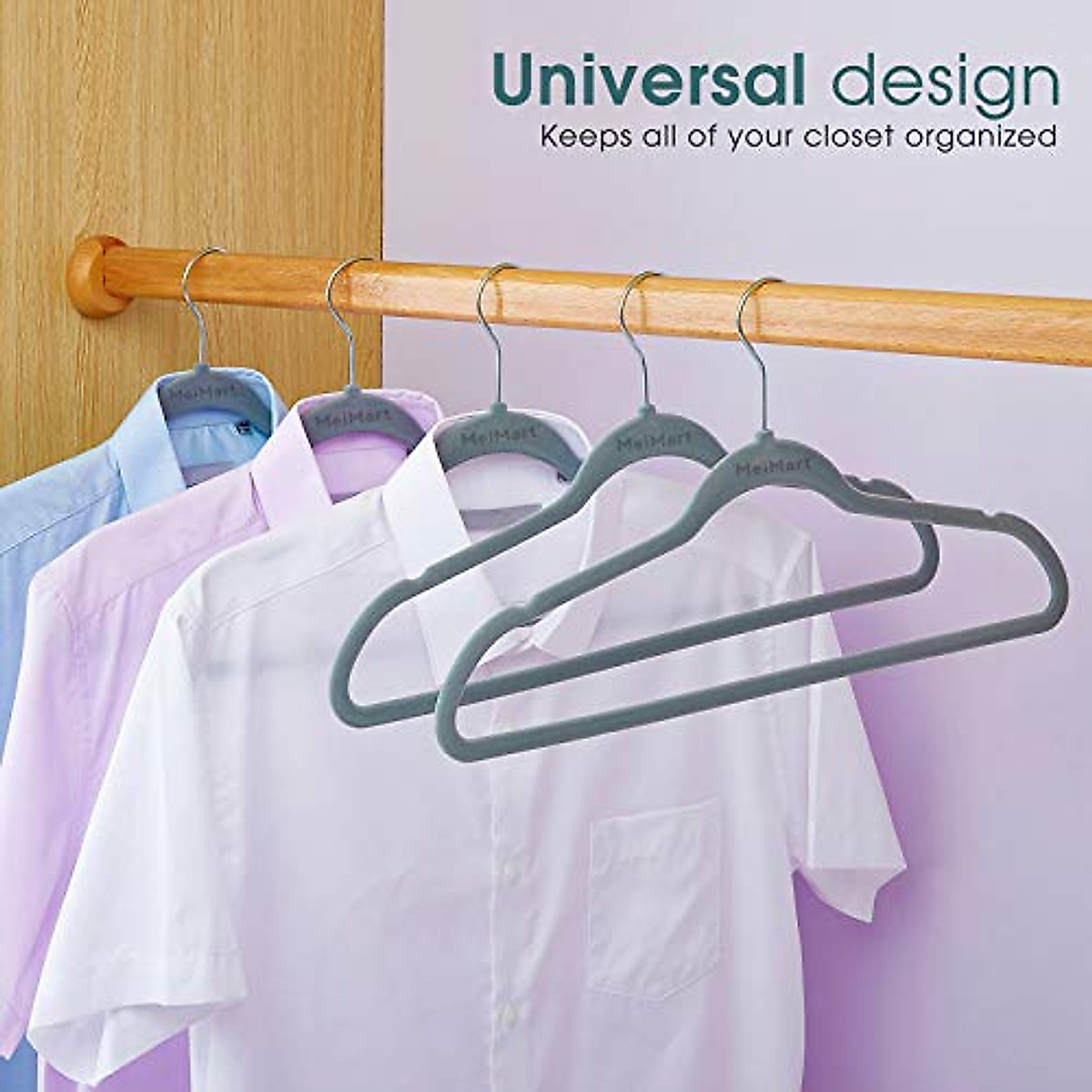 MEIMART Velvet Hangers, Suit Coat Hangers, Non-Slip Clothes Hangers 360 Degree Swivel Durable Clothes Hanger Hook-Pack of 50 (Grey)