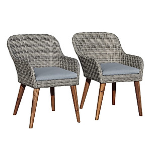Soleil Jardin Patio Dining Chairs Set of 2 with Wood Legs, Outdoor Rattan Wicker Chairs with Seat Cushions for Lawn, Deck, Porch, Balcony, Backyard and Garden, Grey