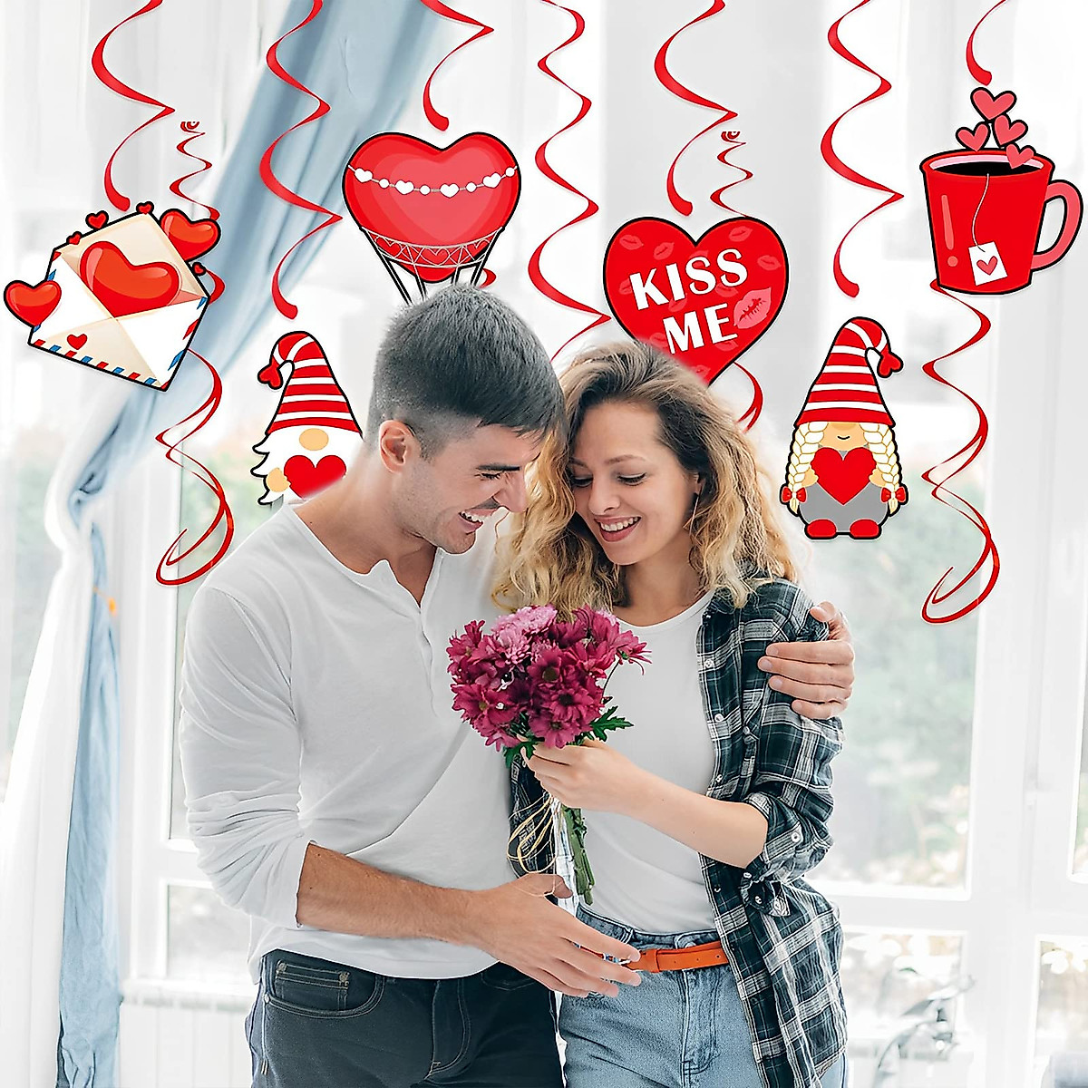 35 Pcs Valentines Day Decoration Hanging Swirls Set Gnome Valentines Day Decor Romantic XOXO Dwarfs Love Heart Pattern Hanging Decor I Love You Banner for Home Bedroom Wedding Party Decorations