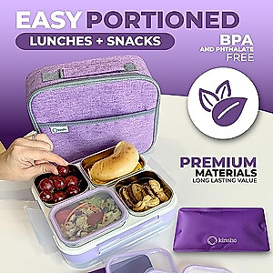 Stainless Steel Bento Lunch Box for Adults Kids with Ice Pack Insulated Lunch Bag, Leak-Proof Snack Boxes, Metal and Plastic Portion Control School Lunch Containers, 4 Compartments, 36 oz Lilac Purple