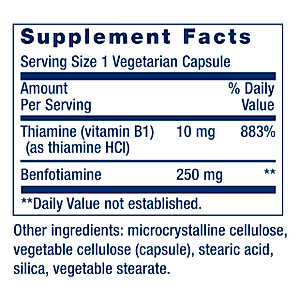 Life Extension Mega Benfotiamine, 250 mg, a fat-soluble form of thiamine, healthy metabolism, ultra-bioavailable vitamin B1, high potency, gluten-free, non-GMO, vegetarian, 120 capsules