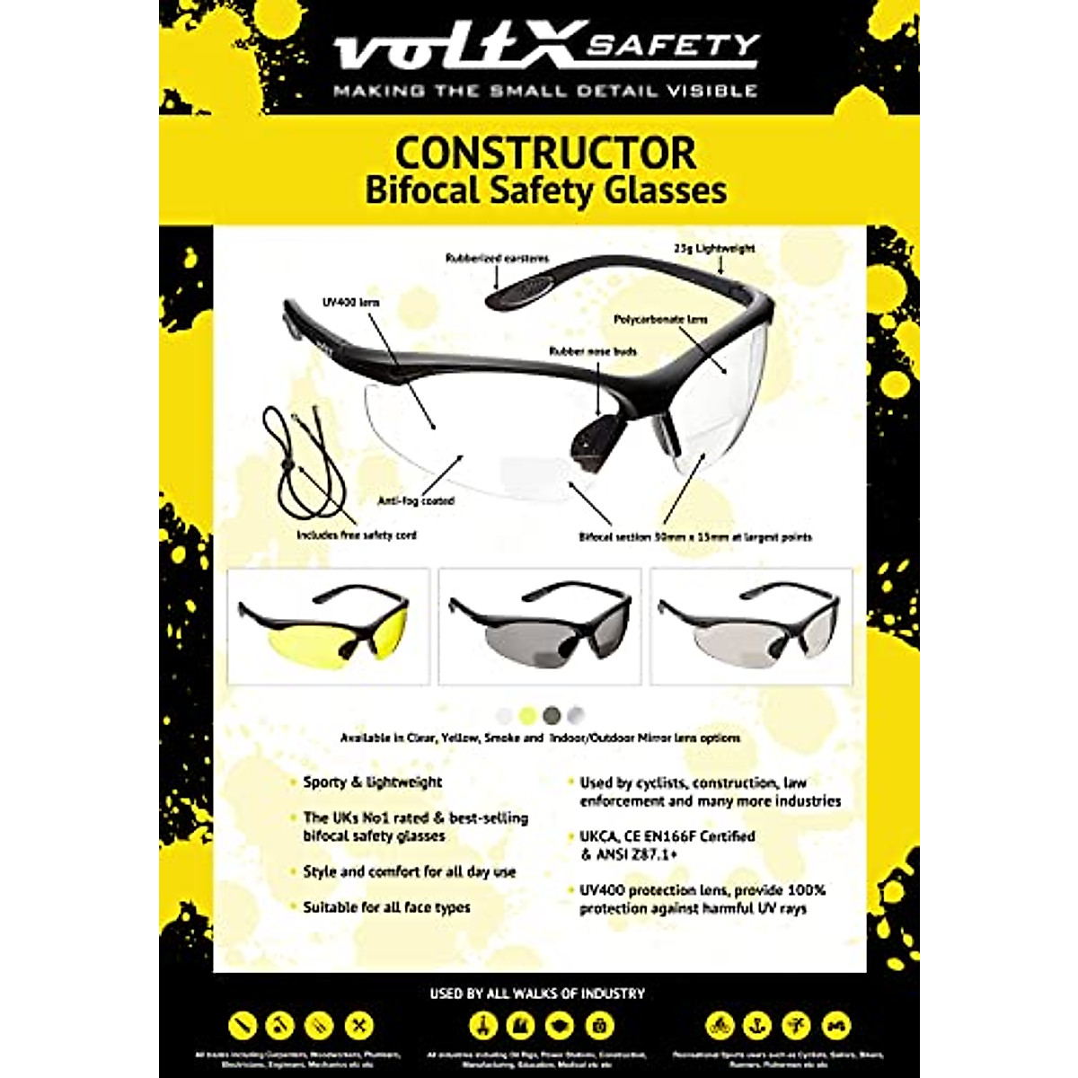 voltX 'CONSTRUCTOR' BIFOCAL Reading Safety Glasses (CLEAR +3.5 Dioptre) ANSI Z87.1+ & CE EN166F, certified/Cycling Sports Glasses includes safety cord + UV400 anti fog coated lens