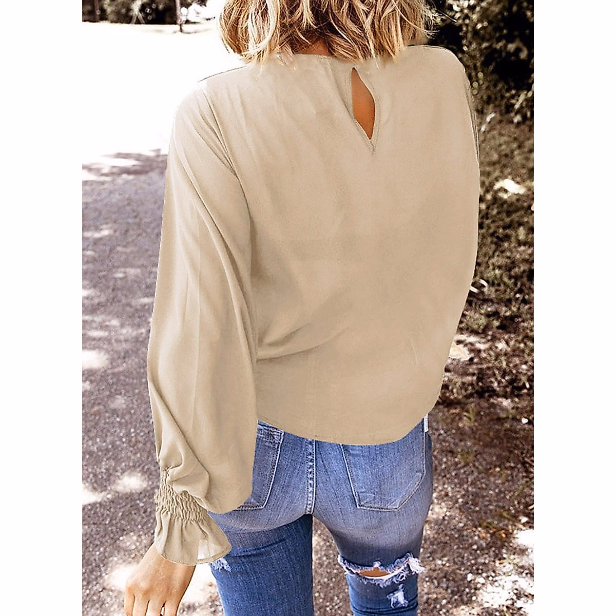 Dokotoo Womens Fashion Casual Tops Fall Outfits for Women 2024 Long Sleeve Shirts for Women Crewneck Solid Color Elegant Cute Chiffon Blouses Clothes Khaki Small