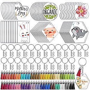 300 PCS Clear Acrylic Keychain Blanks, 6 Shapes Wholesale Acrylic Blanks Leather Tassel Charms Key Chains Jump Rings for Vinyl Resin DIY Crafts Ornament Engrave (Round Heart Square Rectangle Bone)