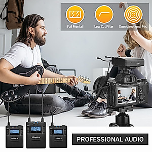 Dual Wireless Lavalier Microphone System,Comica CVM-WM300A UHF 96 Channel Professional Lapel Lav Microphone for DSLR Canon Nikon Sony Camera XLR Camcorder Youtube Interview TV Video Recording(2TX+1RX)