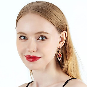 Austrian Crystal Teardrop Hollow Leaf Drop Dangle Earrings for Women 14K Rose Gold Plated Hypoallergenic Jewelry (Red)