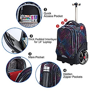 UNIKER Rolling Laptop Bag for 14 Inch,Travel Roller Bag Women,Wheeled Computer Bag,Wheeled Bookbag High School,Trolley School Bag,Cool Schoolbag with Big Wheels