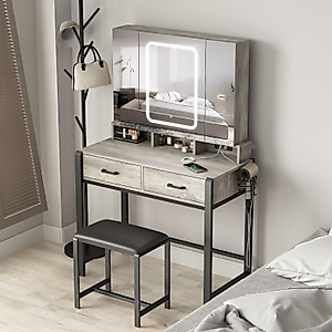Fameill Vanity Desk with Lighted Mirror and Power Strip,Tri-Fold Mirror Makeup Vanity Table with Lights,2 Drawers Vanity Set with Hidden Storage Shelves,3 Color Lighting Modes,35.4in(L)
