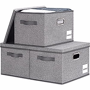 LHZK Large Storage Bins with Lids, Linen Fabric Storage Boxes with Lids for Organizing 15x11x9.6, Storage Baskets with Label & 3 Handles, Closet Storage Bins for Nursery Home Office (Grey, 3-Pack)