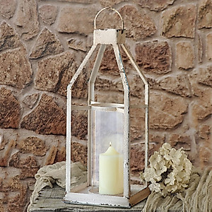 Farmhouse White Metal Lanterns 21" Decorative Hanging Candle Lantern, Rustic Distressed Candle Holder Outdoor Lanterns for Front Porch Floor, Patio or Wedding