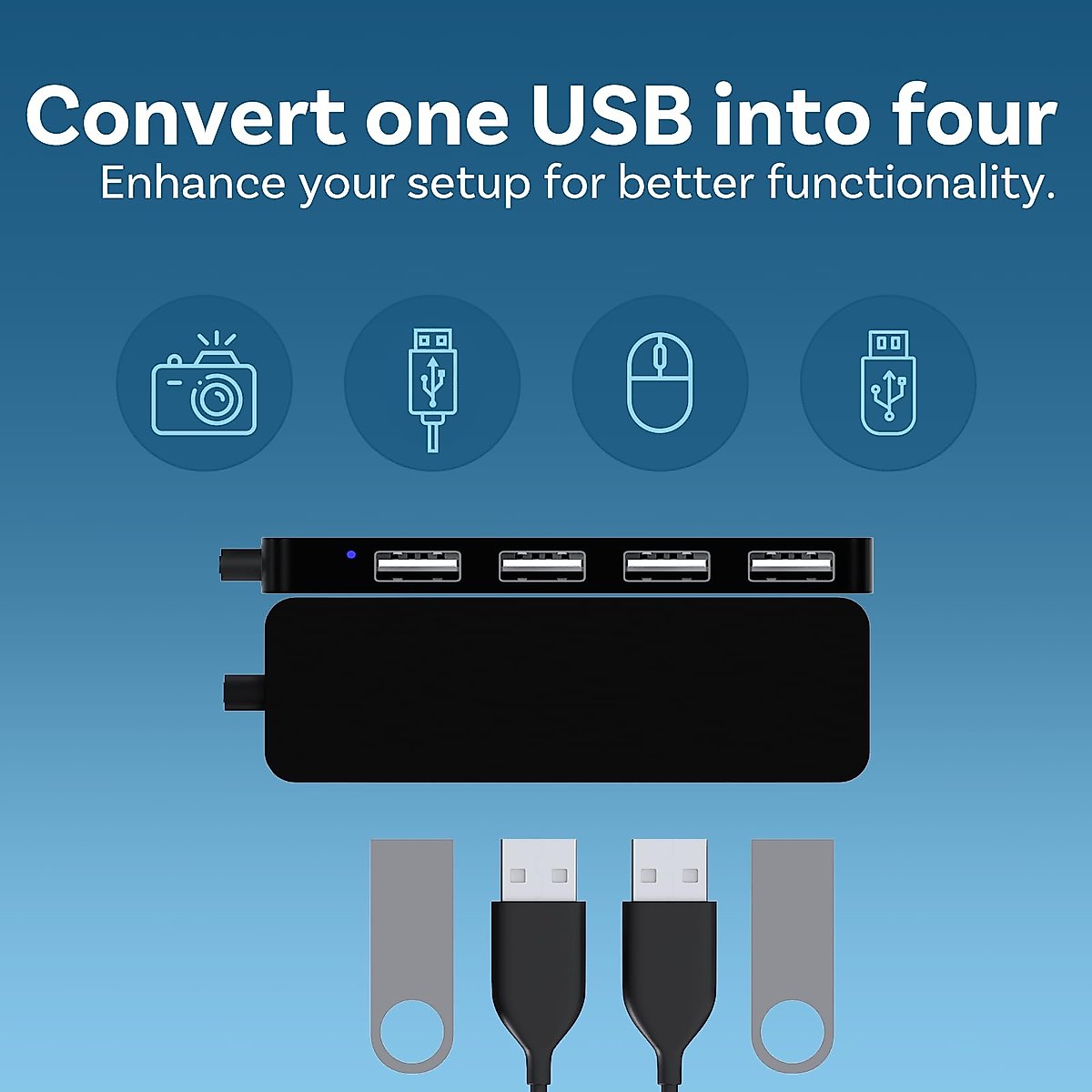 MMOBIEL 4-Port USB Data Hub Compatible with MacBook, iMac, Laptop, Windows, Linux and More - USB Splitter Computer - Ultra Slim USB 2.0 Data Hub - Portable USB Adapter - Black