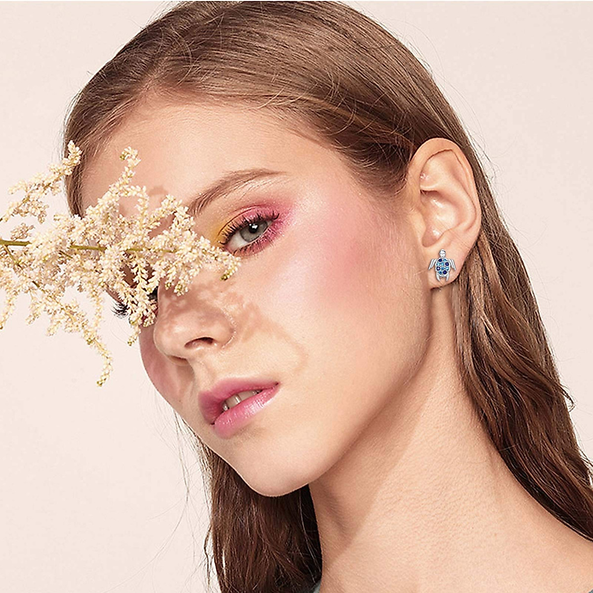 925 Sterling Silver Turtle Studs Earrings with Graduated Blue Cubic Zirconia, Sea Tortoise Nautical Jewelry Mother Day for Women Mom Wife Girlfriend with Box