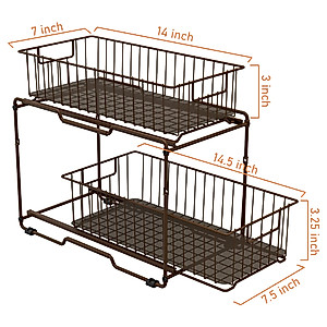 CAXXA 2 Tier Sliding Cabinet Basket Organizer, Bathroom Pull-Out Drawer Organizer, Space Saving with Handles (Medium, BRONZE)