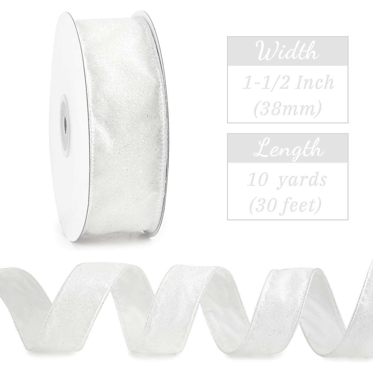 MAYREEL 1.5 Inch White Ribbon Wired Light White Glitter for Christmas Decorations Gift Wrapping Wreath Supplies Tree Toppers Crafts 10 Yards