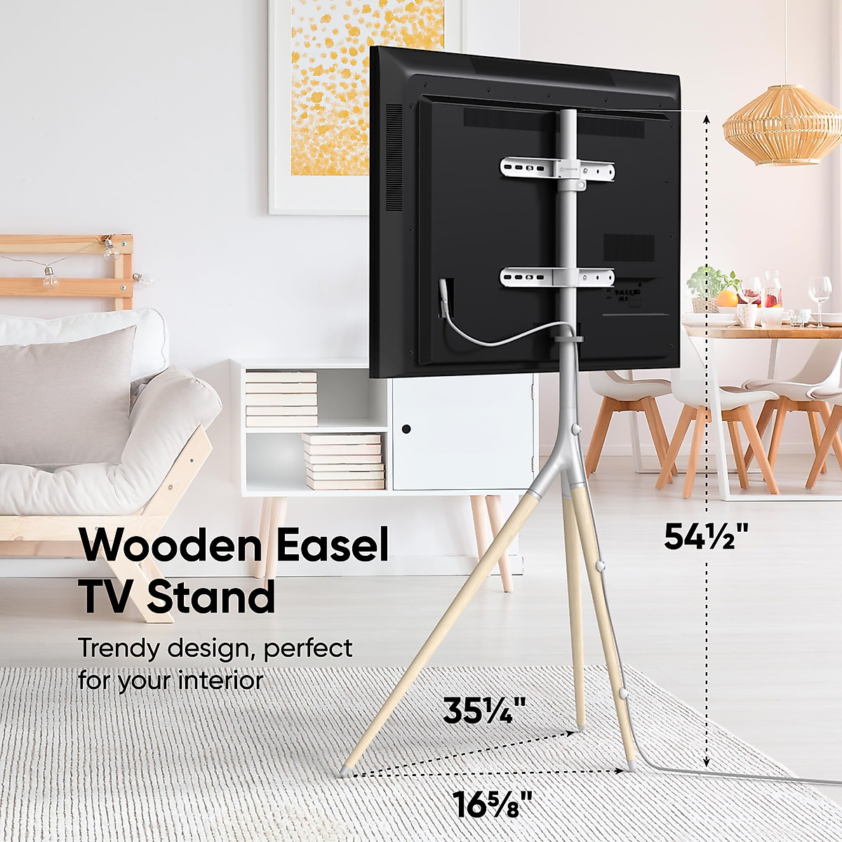 ONKRON Tripod TV Stand Wood for 32-65 Inch TVs up to 77 lbs, Swivel Floor TV Stand Adjustable Height max 400x400 VESA - Easel TV Stand Floor Standing/Corner TV Stand with Mount White