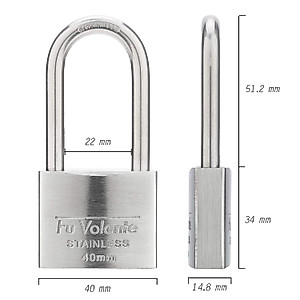 Fu Volante Stainless Steel Pin Tumbler Padlock, 304 Marine Series, Weatherproof Padlock for Outdoor use, 1-1/2 inch Wide Body, Keyed Alike Locks- Stainless Steel Body & Long Shackle-2 Pack