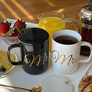 Triple Gifffted Couples Gifts For Wedding Anniversary, Engagement, Christmas, Mr and Mrs Mugs, Him Her, His Hers, Newlywed Couple Gift, Bride Groom, Lids Teaspoons, Ceramic, 380ML