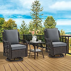 GAOMON 3 Pieces Outdoor Swivel Rocker Chair Set of 2 with Glass Top Table, Outdoor Swivel Glider Rocker, Wicker Swivel Chair Set for Patio Porch Pool (Dark Brown Wicker/Gray Cushion)