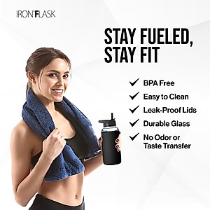 IRON °FLASK Glass Sports Water Bottle - Straw Lid, Airtight Leak Proof, Vacuum Insulated, Bosilicate Glass, Silicone Sleeve, Retains Temperature - Midnight Black, 32 Oz