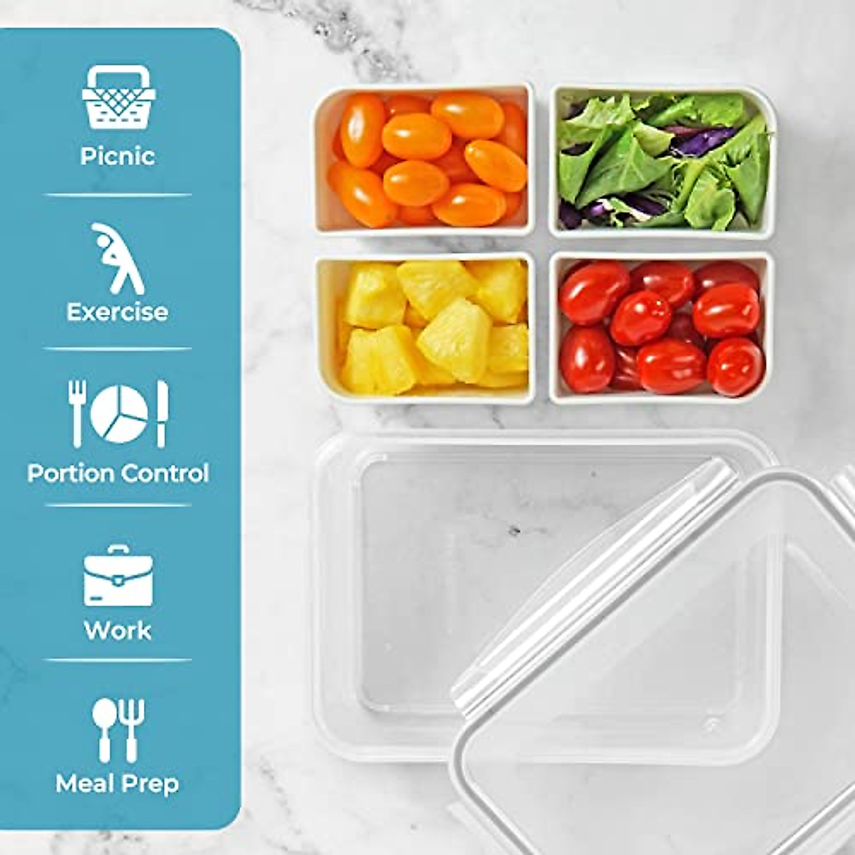 carrotez Food Storage Container with 4 Removable Compartments, Food Prep Container with Airtight Lids, Portion Control Container, Reusable, BPA Free, 6.3 Cup (1500ml)