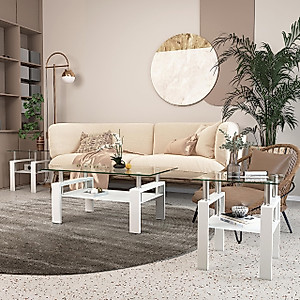 Modern Tempered Glass Coffee Table End Table, Square Glass Side Table for Living Room, Minimalist Design for Small Spaces, Glass End Table Set for Living Room, Bedroom (White, Set of 2)