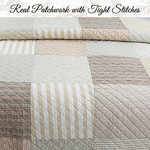 Cozy Line Home Fashions Earth Tone Brown Tan Beige Stripe Checker Patchwork Cotton Reversible 3 Piece Quilt Bedding Set