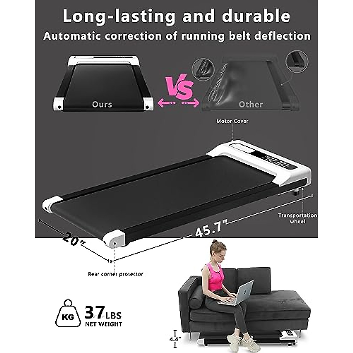 Walking Pad Treadmill Under Desk,Quiet Compact Desk Treadmill for Work from Home Office,Large Capacity with Rmote Control