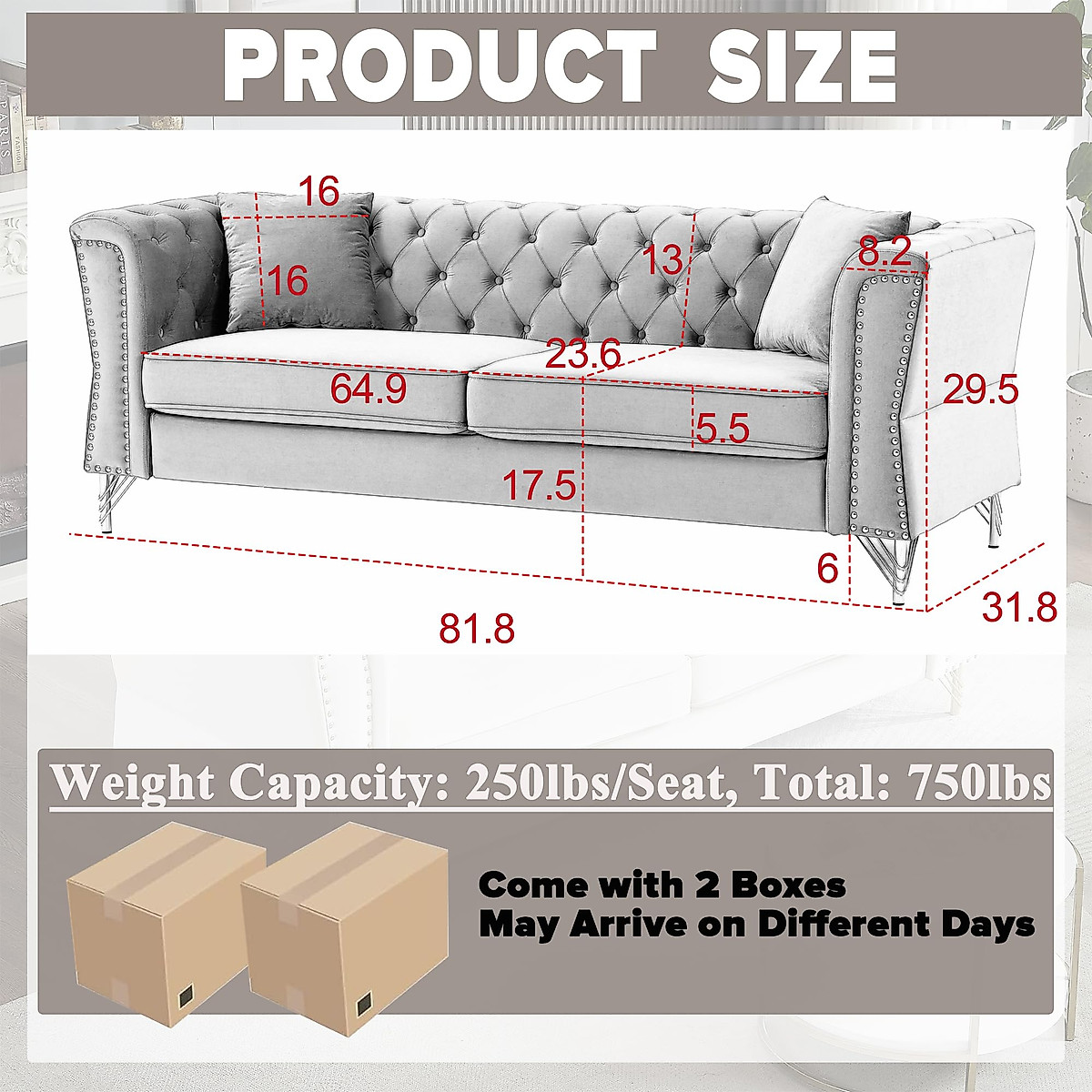 lunhung 81" Chesterfield Velvet Sofa for Living Room,3-Seater Sofa Tufted Couch with Golden Metal Legs & Nailhead,2 Pillows, Rolled Arms Sofa for Living Room,Bedroom,Office,Apartment (Grey)