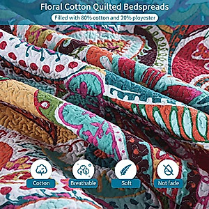 Qucover Quilt Sets Queen, 3-Piece Multicolor Paisley Cotton Queen Bedspread Quilt with 2 Pillow Shams, Patchwork Coverlet Set (Queen 90x98)