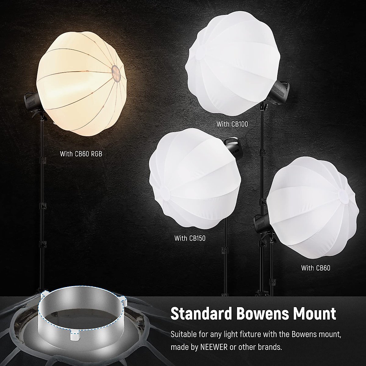 NEEWER 26"/65cm Lantern Softbox One Step Quick Release, 360° Light Diffuser with Skirt, Bowens Mount for Video Light CB60 CB100 CB150 Compatible with Aputure Light 600d Amaran 60x Godox SL60W, NS65L