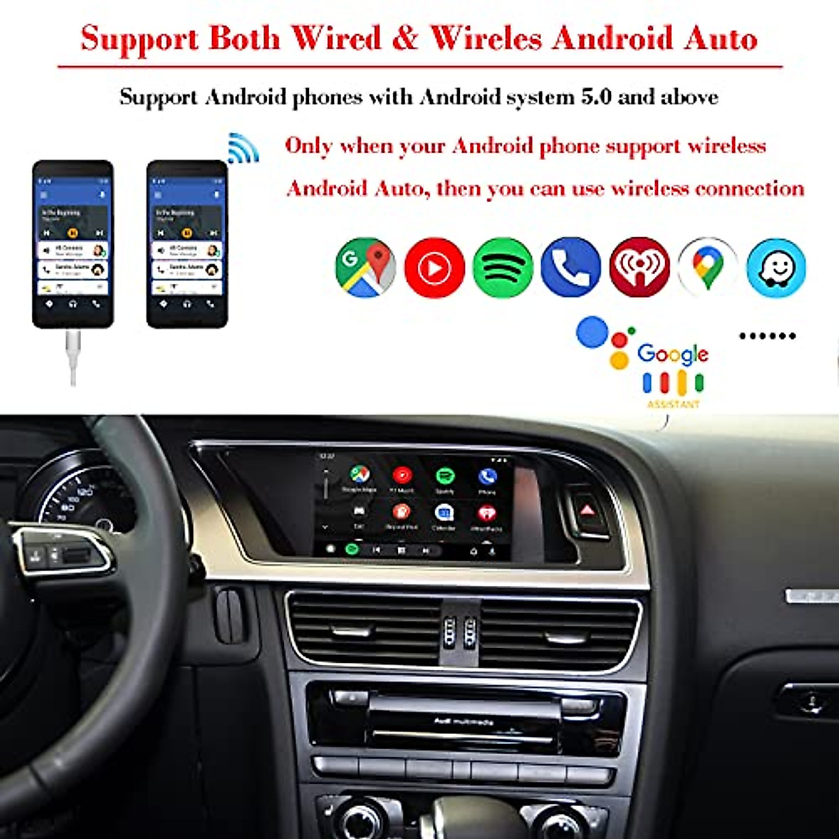 Hslsmxy Wireless CarPlay Android Auto AirPlay Retrofit Kits Compatible with Audi A4 A5 Q5 S4 S5 B8 MMI 3G+ 2010-2019, Support iOS 14 Split Screen, USB Stick Playback, Built-in YouTube App
