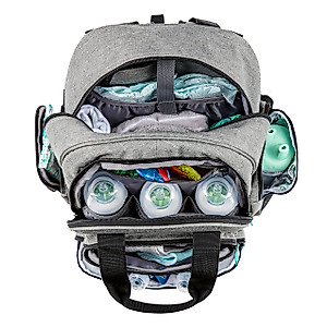 YavoBaby Diaper Bag Backpack - Large Capacity 18 Pocket Multi-Functional Unisex Diaper Bag - Extremely Durable and Stylish - Includes Changing Pad, Stroller Straps, and Nursing Pouch -Gray w/Teal Tags