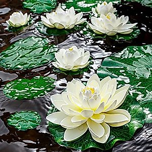 FFNIU Lily Pad for Ponds, 9 PCS Artificial Lotus, Realistic Water Floating Foam Lotuses Fake Lily Pad for Home Garden Patio Pond