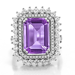 Gem Stone King 925 Sterling Silver Purple Amethyst Women Ring (7.60 Ct Emerald Cut 14X10MM) (Size 9)