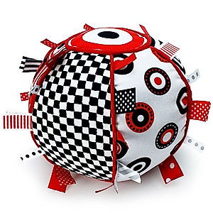 Genius Baby Toys Tag Ball for Babies - Soft Interactive Sensory Development Ball with Bell Chime in High Contrast Colors - 7" Diameter - Soft Taggies for Baby to Grasp