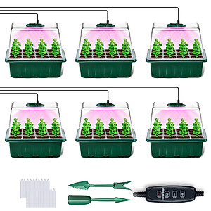 YAUNGEL Seed Starter Tray with Grow Light, 6 Pack Seed Starter Kit with Timing Controller Adjustable Brightness, Thicken Seedling Starter Trays with Humidity Domes Heightened Lids, Gift Box