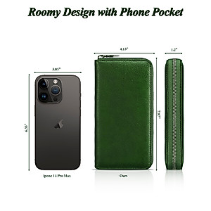 WILD WORLD Designer Emerald Green Calfskin Soft Leather Wallets for Ladies, Large Capacity Clutch Purse for women With Gift Box