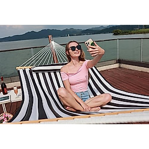 HARBOURSIDE 12FT Quilted Hammock with Spreader Bar, 2 Person Double Hammock with Pillow and Chains, Hammock for Indoor Outdoor, Bedroom Patio, 450 lbs Capacity，Black Stripe