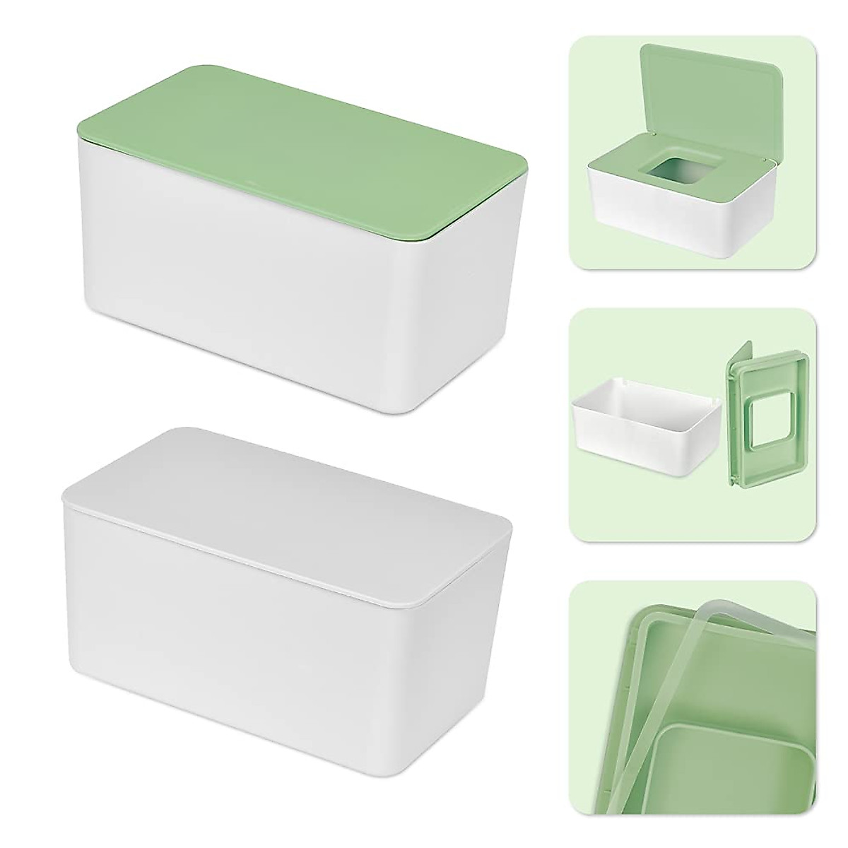 TORASO Large Size, 2 PCS Baby Wipes Dispenser with Lid and 2 PCS Pouch with Lid, Baby Wipe Holder Keeps Wipes Fresh Simple Style Wipe Container Regular Storage Case Box (GN,WH+2,Large)