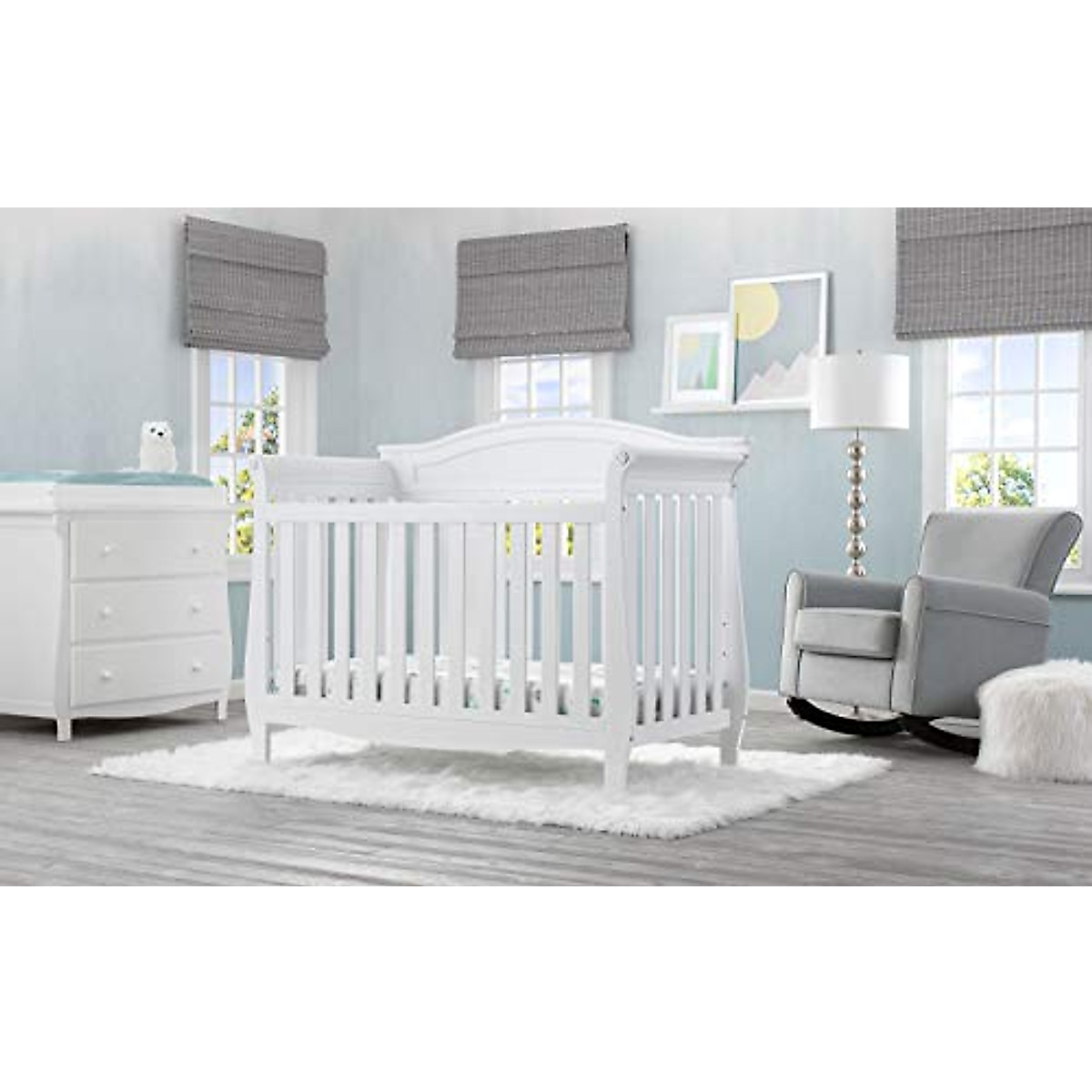 Delta Children Lancaster 4-in-1 Convertible Baby Crib & Twinkle Stars Waterproof Fiber Core Crib and Toddler Mattress, Bianca White