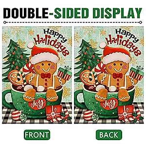 Dyreson Merry Christmas Joy Coffee Gingerbread Man Decorative Garden Flag, Xmas Happy Holiday Buffalo Plaid Check Yard Outside Decorations, Winter Farmhouse Outdoor Small Decor 12x18