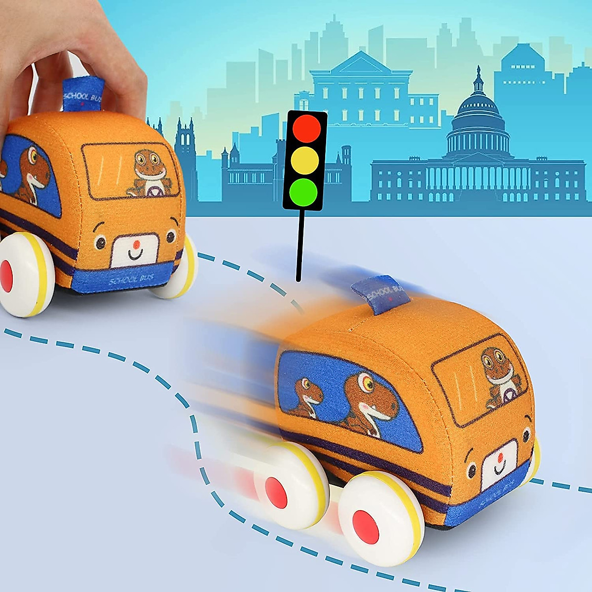 VANLINNY Baby Cars for Toddlers, Pull Back Car for 1 Year Old Boy with Play Mat,4 Pack Washable Soft Plush Cars for Kids, Metal Die Cast Pull Back Vehicles Play Set