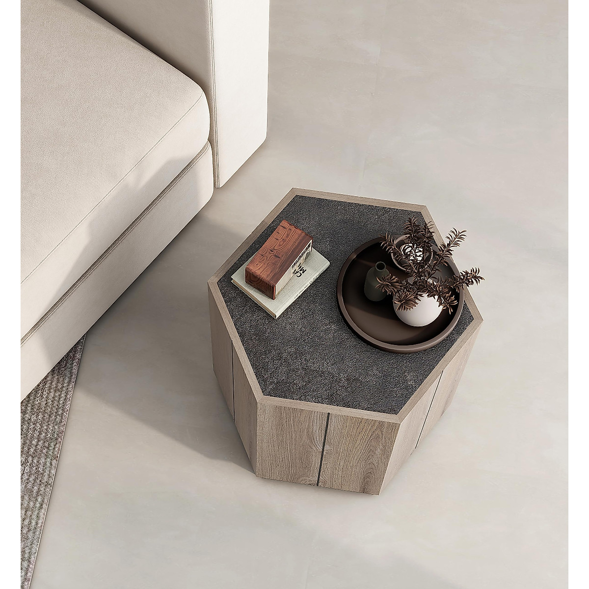 Tidyard Hexagonal Rural Style Garden Retro with Drawer Living Room Corner Table Textured Black and Warm Oak Sofa End Side Table, Bedside Nightstand for Living Room Bedroom Kitchen Bathroom