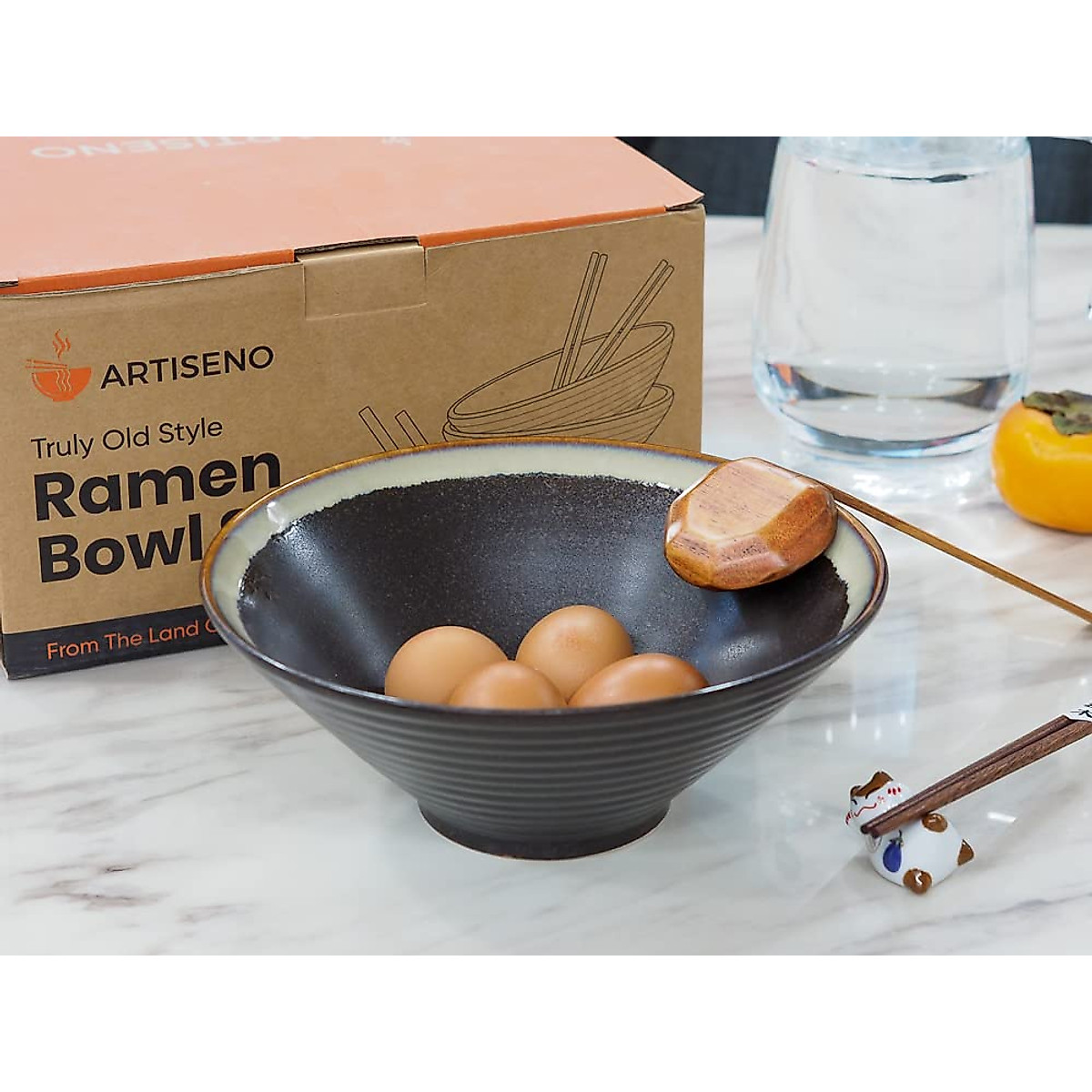 ARTISENO Ceramic Ramen Bowl Set- 2 Sets of 60oz Japanese Ramen Bowl with Chopsticks and Spoons, Ramen Noodle Bowl, Pho Bowls, Cute Bowl, Udon Ramen bowls, Noodle Bowl with Chopsticks, Black