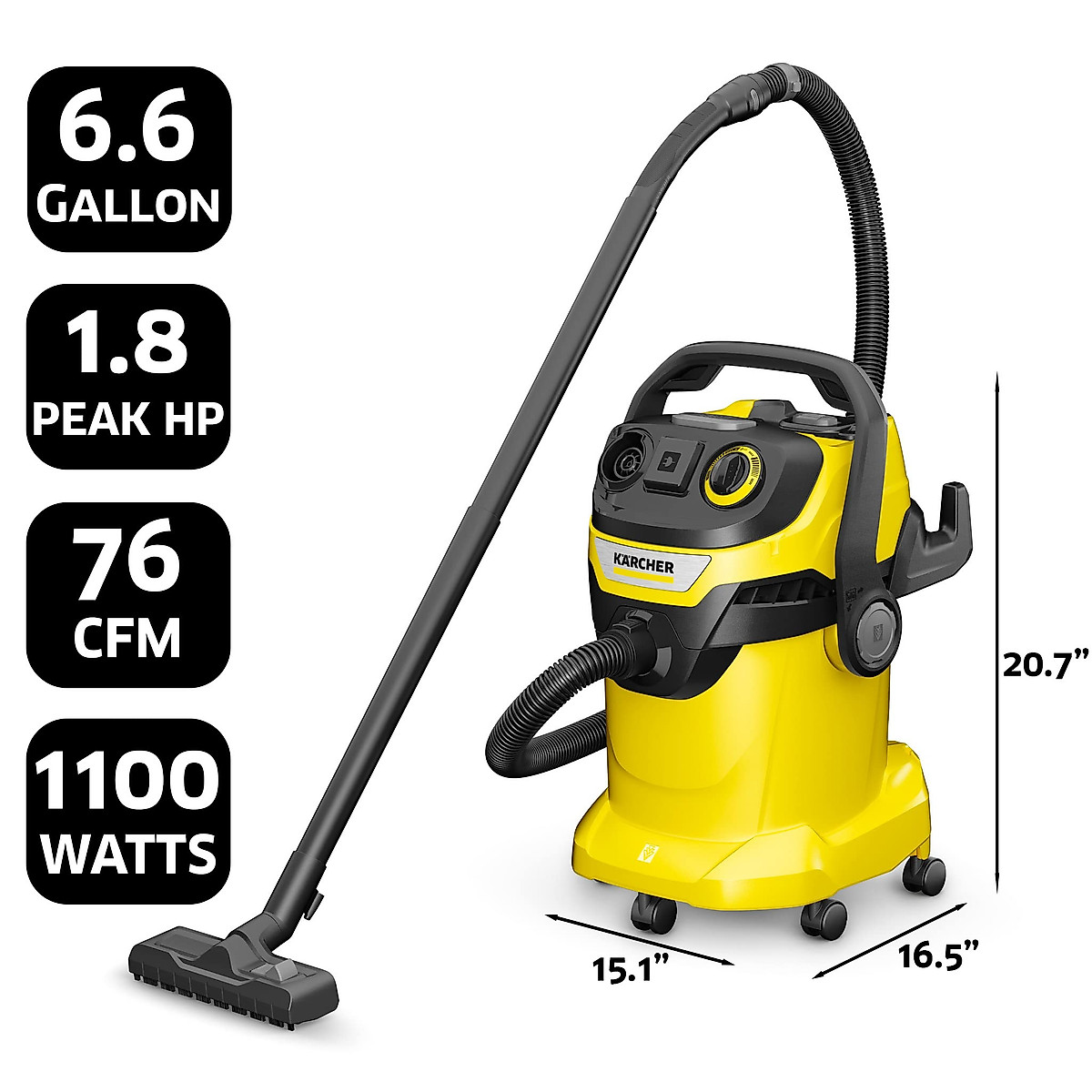 Kärcher - WD 5/P Multi-Purpose Wet-Dry Vacuum Cleaner - 6.6 Gallon - With Attachments – Blower Feature, Semi-Automatic Filter Cleaning, Space-Saving Design - 1100W - 2022 Edition,Yellow