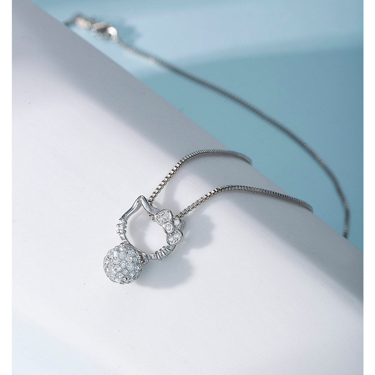 Yihua_Store Cute Real 925 Sterling Silver Cat Pendant Necklace Rhinestone Ball Pendant